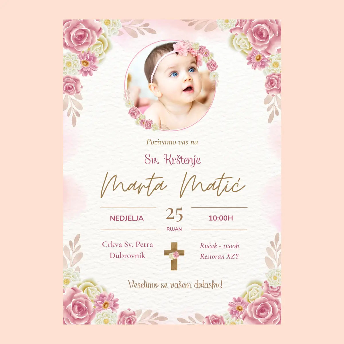 Pink Floral - Digitalna Pozivnica za Krštenje